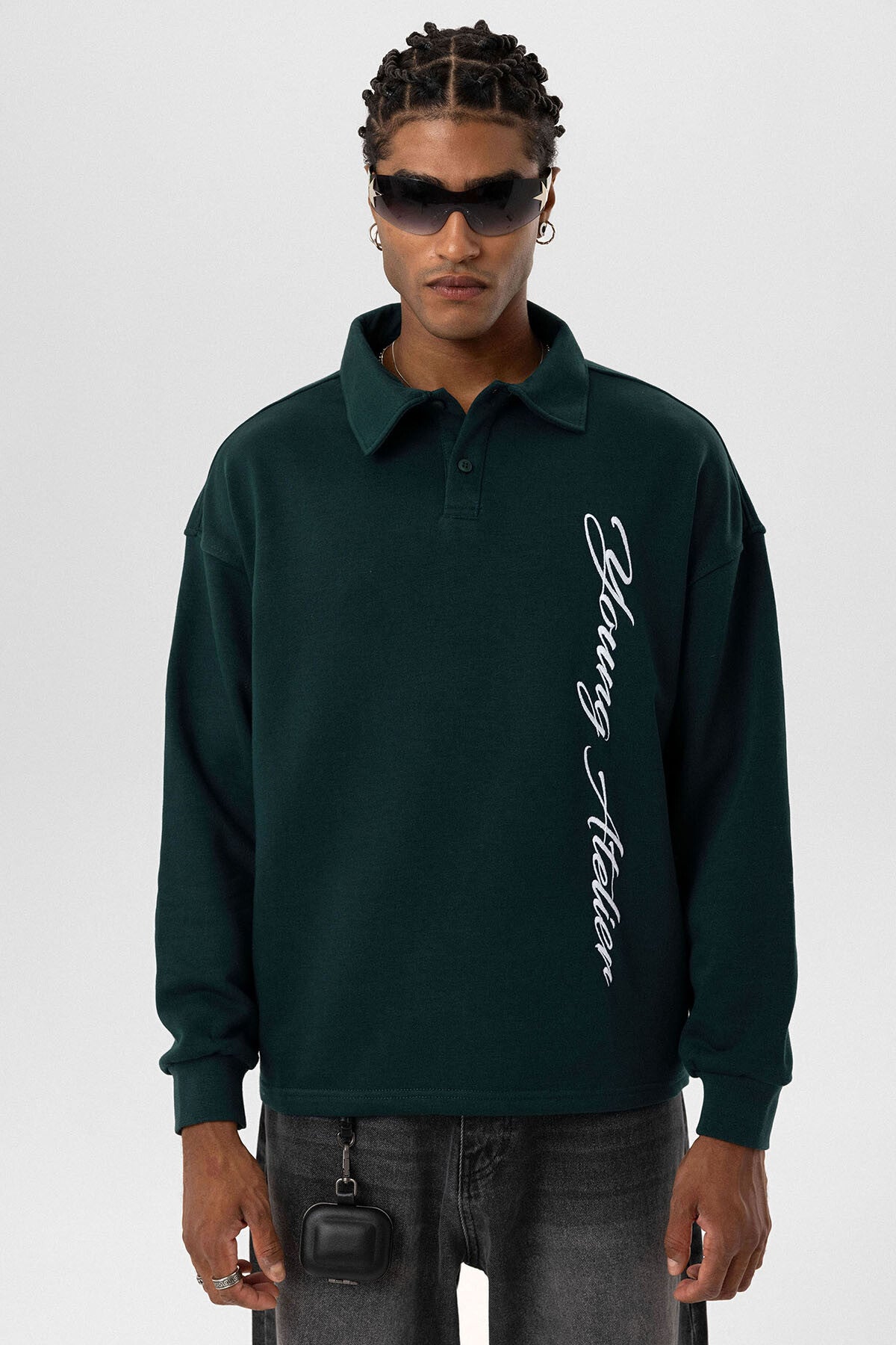 VAMOS POLO COLLAR LETTER DETAILED OVERSIZE SWEATSHIRT GREEN – Garmisland