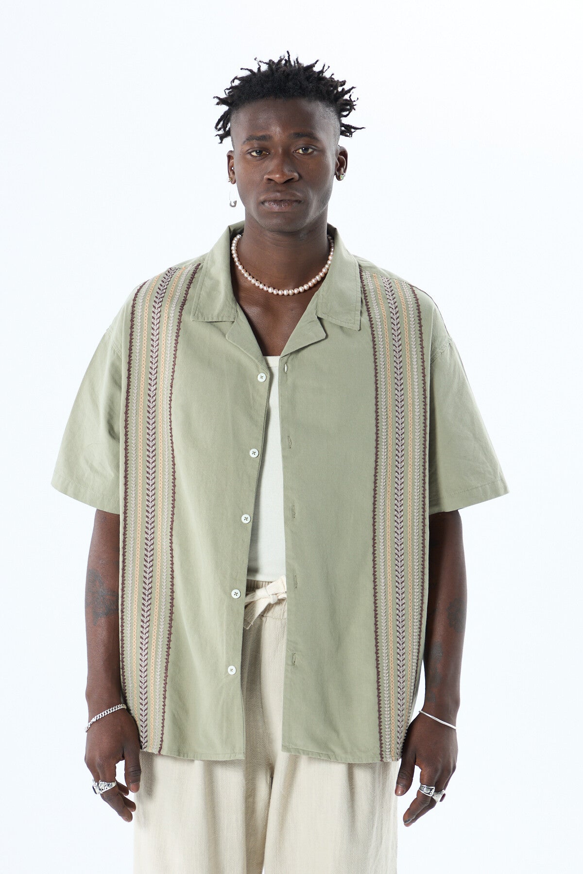 VAMOS EMBROIDERY DETAILED POCKETLESS SHORT SLEEVE OVERSIZE LINEN SHIRT ...