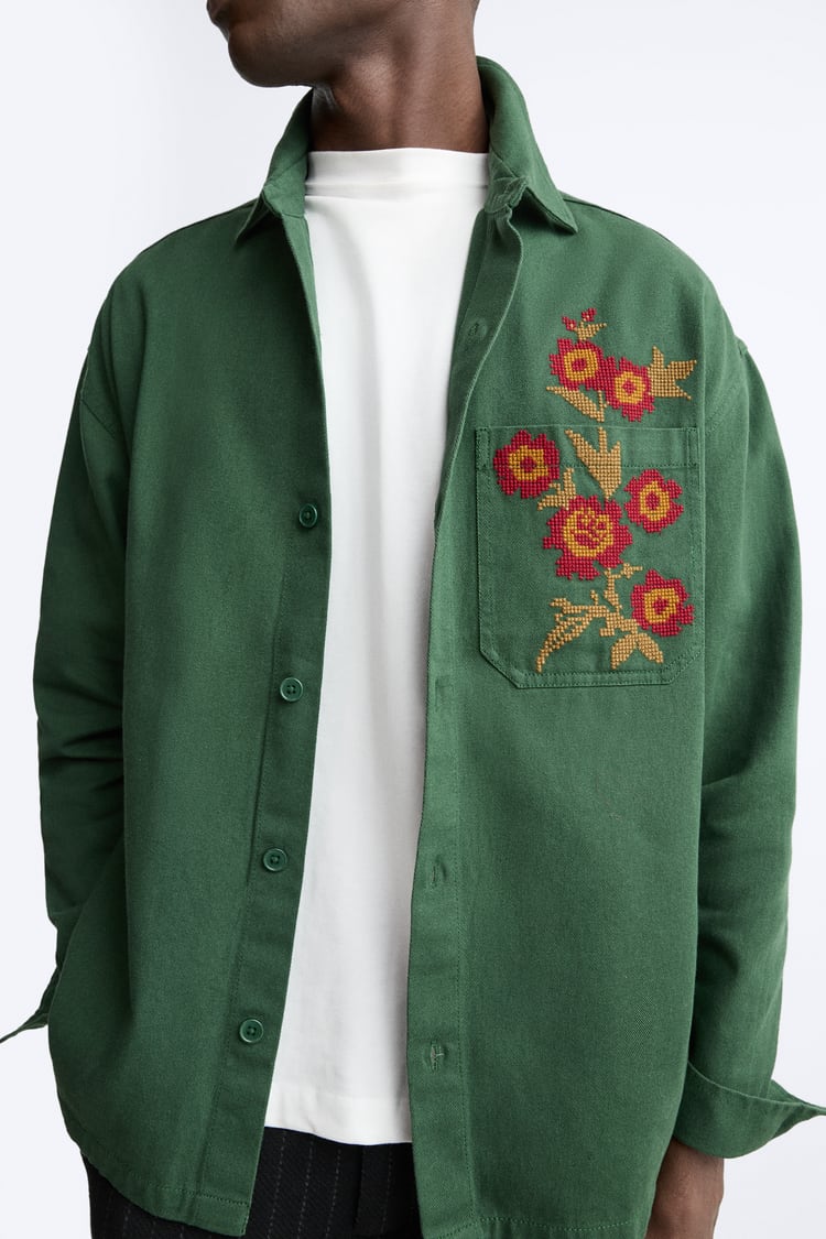 ZARA OVERSHIRT WITH EMBROIDERED POCKET GREEN – Garmisland