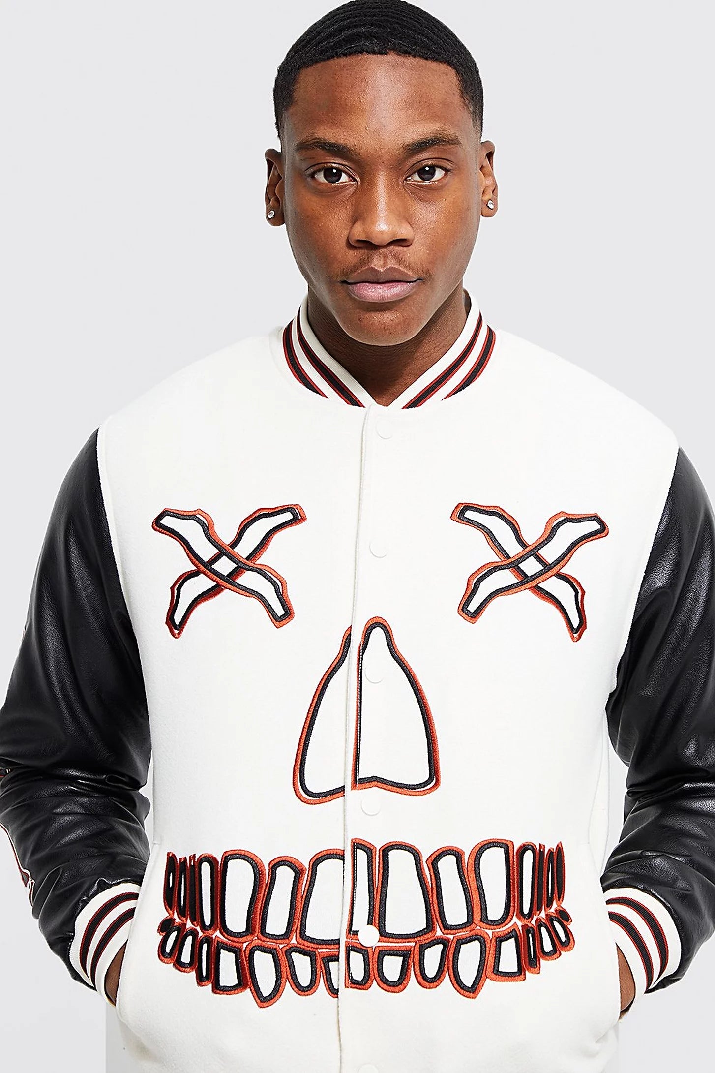BOOHOOMAN SCARECROW FACE VARSITY JACKET IN BLACK – Garmisland
