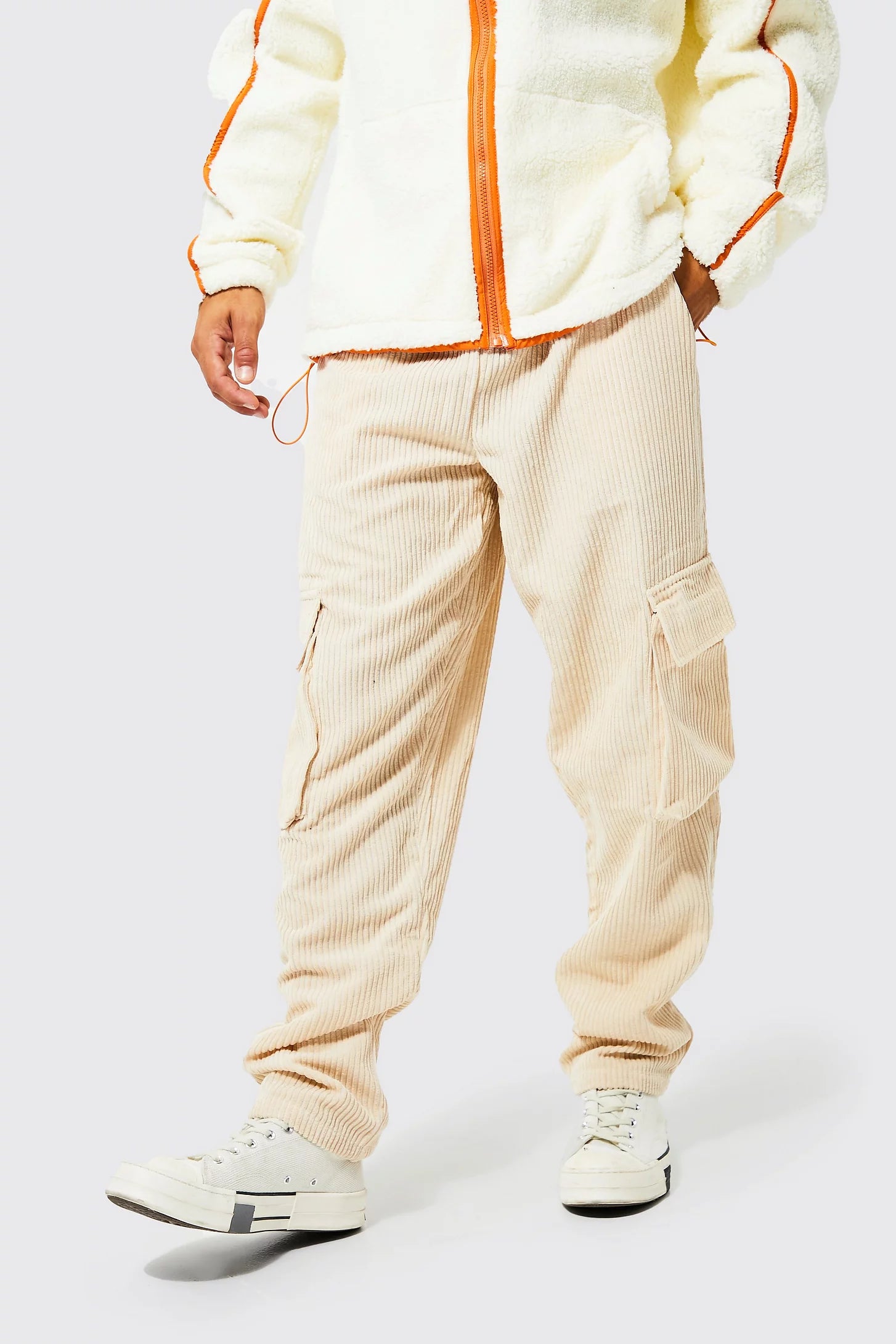 BOOHOOMAN STRAIGHT LEG JUMBO CORDUROY CARGO TROUSER IN STONE – Garmisland