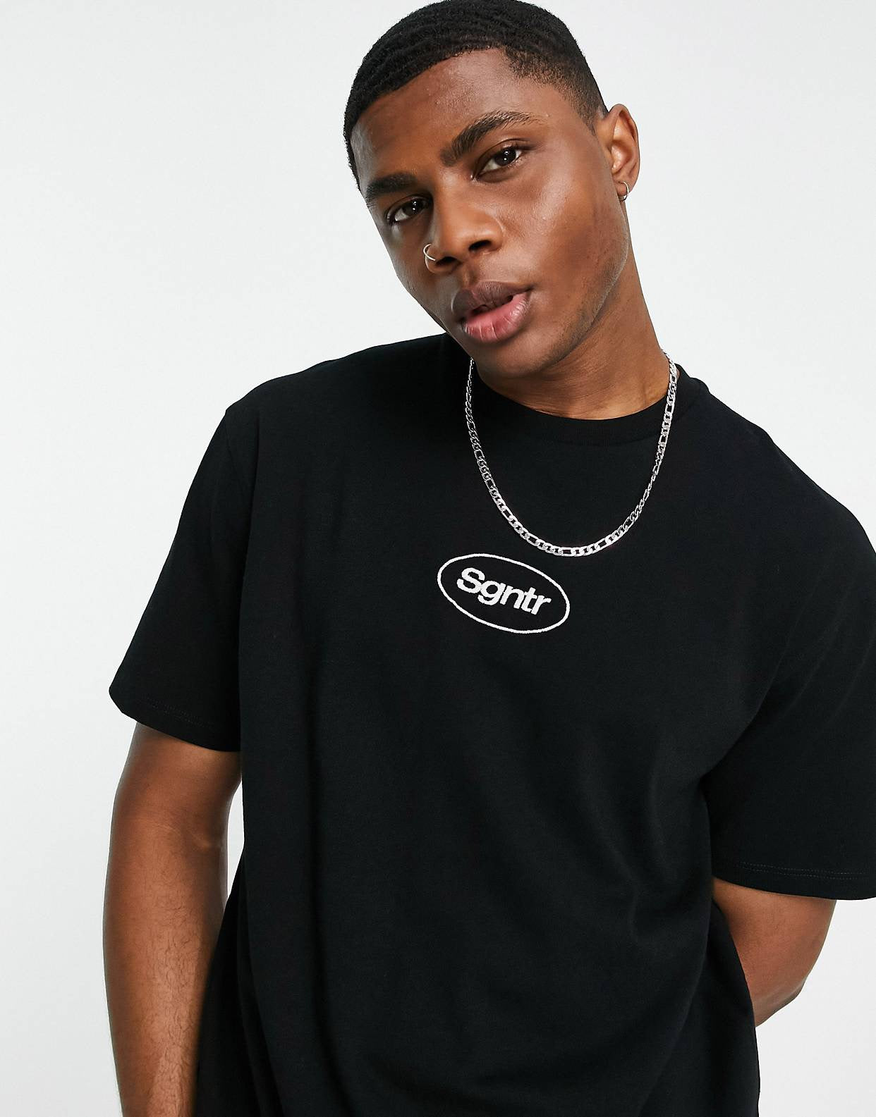 Topman oversized fit t-shirt with front and back Signature planet prin ...