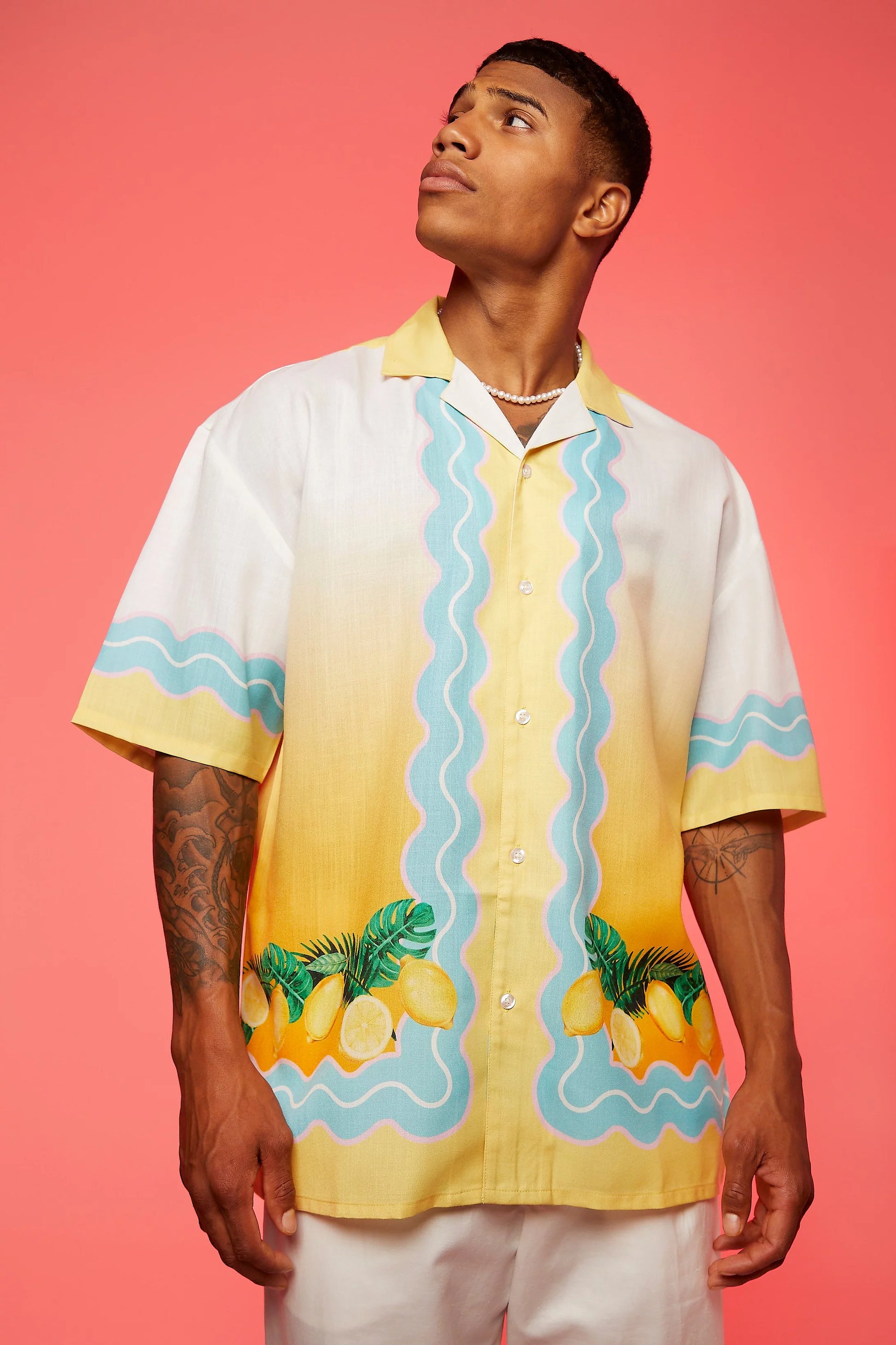 Boohooman Oversized Boxy Lemon Wavy Slub Revere Shirt Garmisland