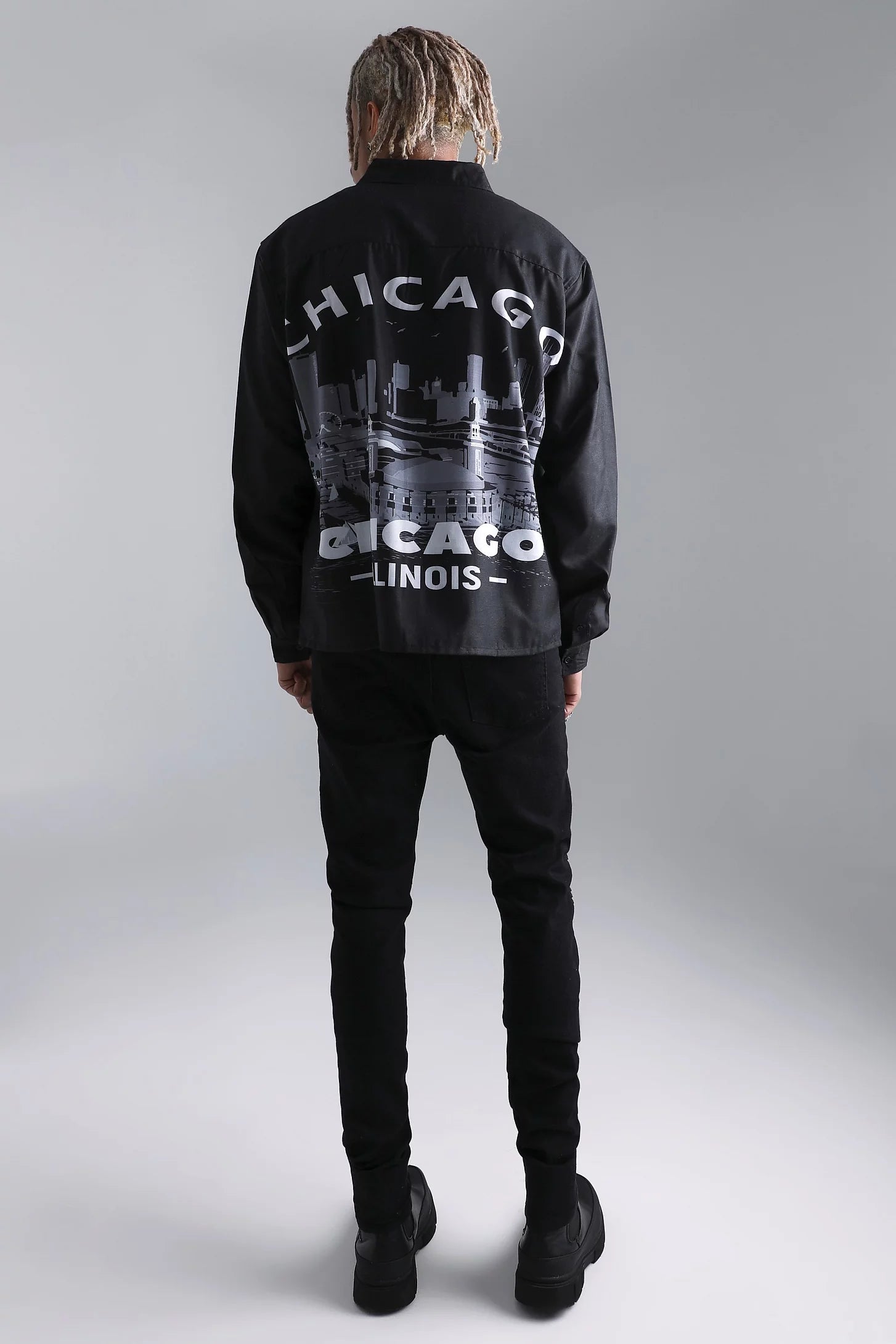 BOOHOOMAN TALL LONG SLEEVE BOXY GRAPHIC BACK SHIRT IN BLACK – Garmisland