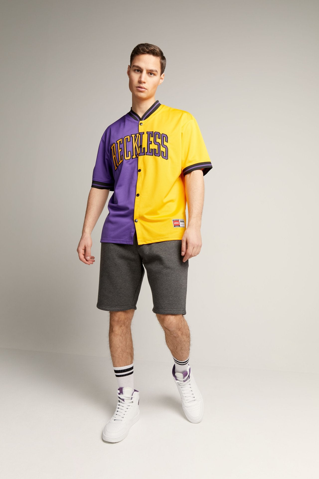 FSBN RECKLESS Varsity Jersey T-shirt In Purple And Yellow – Garmisland