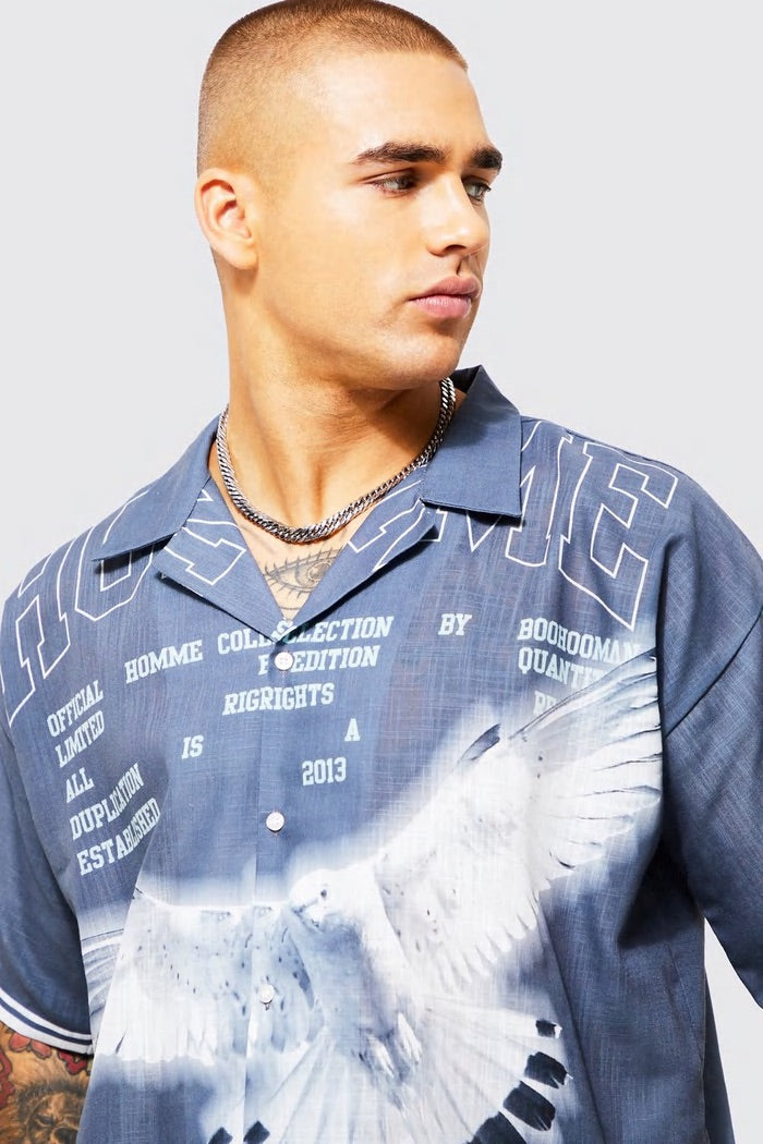 BOOHOOMAN SHORT SLEEVE BOXY HOMME DOVE SHIRT IN NAVY – Garmisland