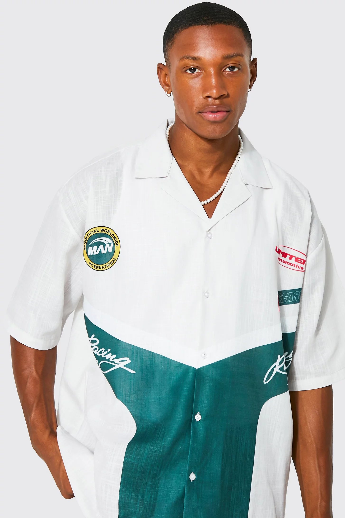 BOOHOOMAN SHORT SLEEVE OVERSIZED BOXY MOTO RACING SHIRT IN STONE ...