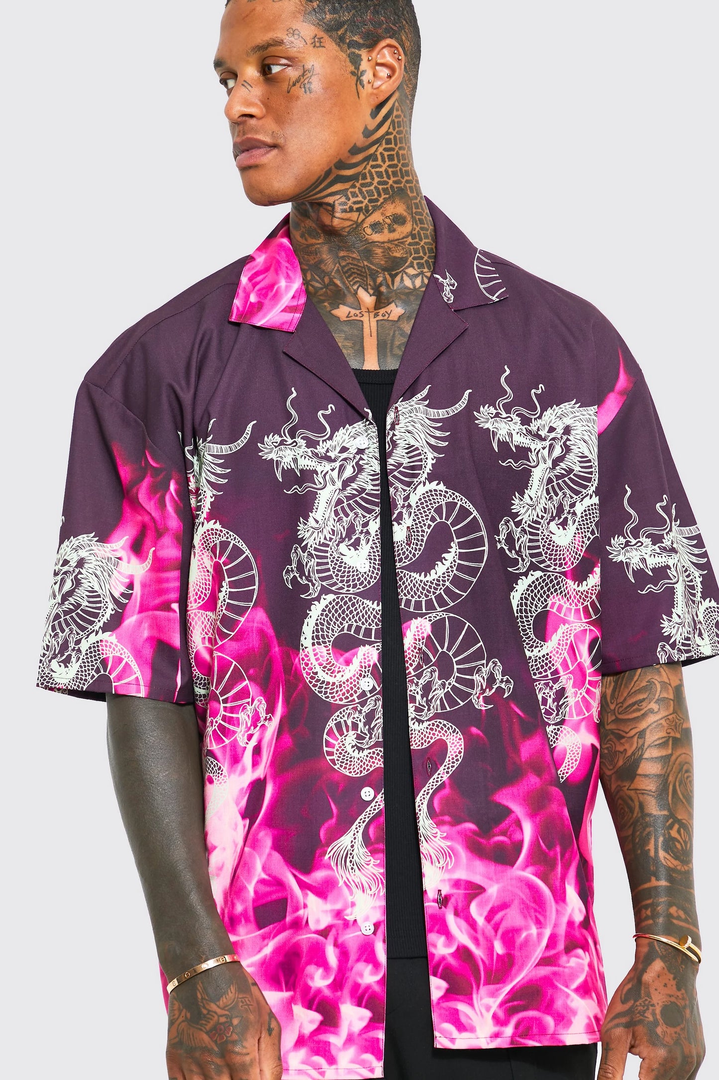 Boohooman Oman Oversized Boxy Dragon Flame Slub Revere Shirt Garmisland